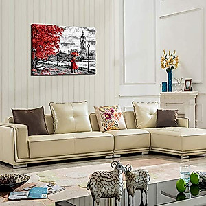 Kreative Arts Lovers Canvas Wall Art Couple Kissing in Rain with Red Umbrella Artwork Romantic Painting for Living Room Bedroom Bathroom Wall Decor Stretched and Framed Ready to Hang 24x32inch