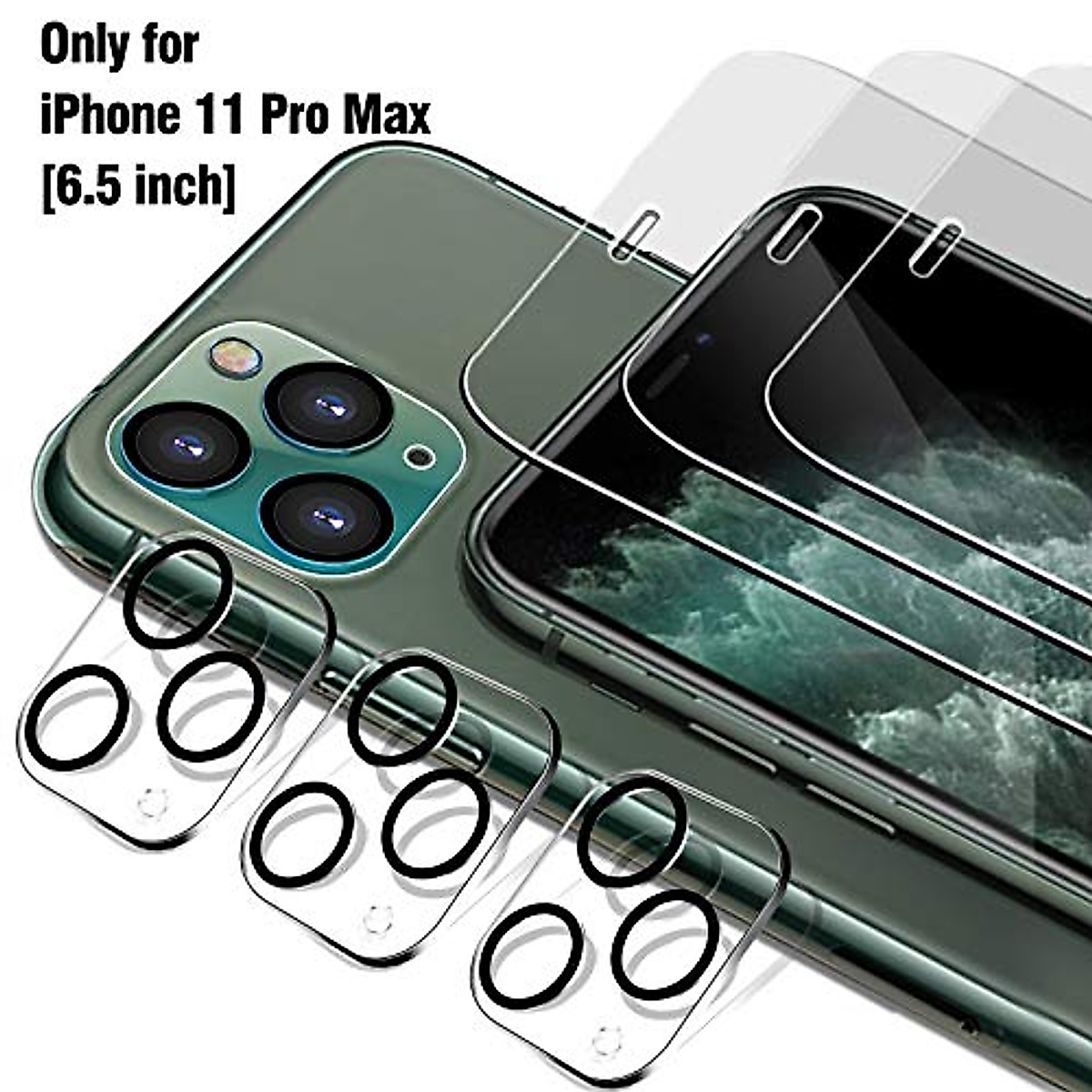 Ferilinso [6 Pack] 3 Pack Tempered Glass Screen Protector + 3 Pack Camera Lens Protector for iPhone 11 Pro Max (6.5''), HD Clarity 9H Glass Screen Protector