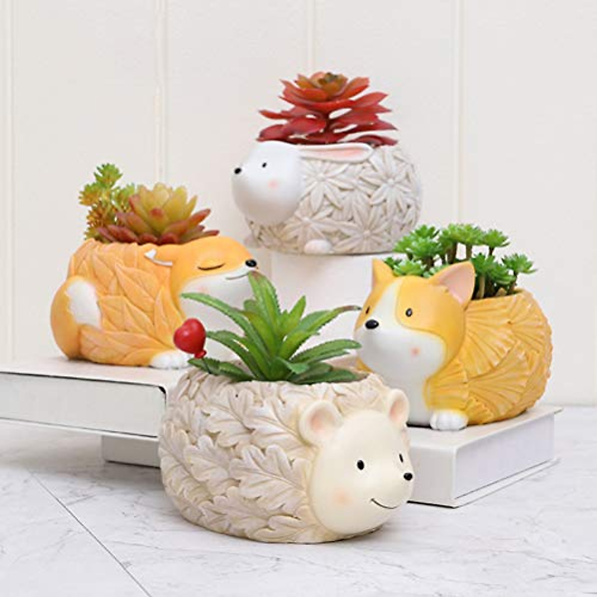 Happyyami Ceramic Animals Succulent Plant Pot Resin Hedgehog Cactus Flower Container Bonsai Planter Holder for Home Office Garden Decor