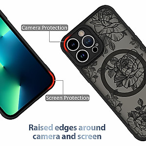 AIGOMARA Case for iPhone 13 Pro Max [Compatible with MagSafe] Black Flower Floral Pattern Design Case for Women Girls Soft TPU Bumper Hard PC Back Anti-Fall Shockproof Protective Magnetic Cover
