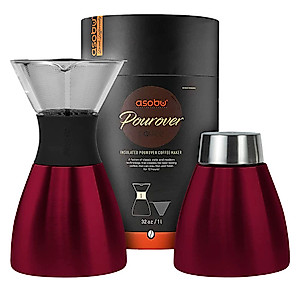 asobu Insulated Pour Over Coffee Maker (32 oz.) Double-Wall Vacuum, Stainless-Steel Filter and Take on the Go Carafe (Burgundy)