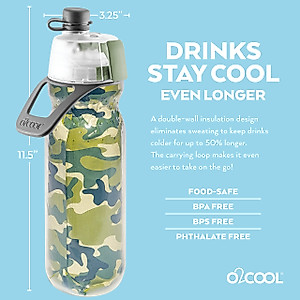 O2COOL Mist 'N Sip Misting Water Bottle 2-in-1 Mist And Sip Function With No Leak Pull Top Spout Sports Water Bottle Reusable Water Bottle - 20 oz (Green Camo)