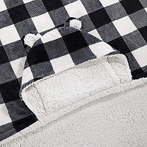 Dearfoams Black and White Buffalo Check Printed Royal Plush with Sherpa Reverse Adult Hooded Throw, 50"x60"