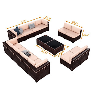Amopatio Outdoor Patio Furniture Set, 14 Pieces PE Wicker Pit Sectional Sofa with Khaki Cushions, Coffee Tables, All-Weather Covers, Patio Conversation Sets Fits Patio Deck Balcony Yard