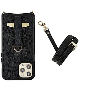 Vaultskin Victoria iPhone 13 Leather Wallet Case and Card Holder, Crossbody Strap Purse for Women (Black - Leather Strap, iPhone 13)