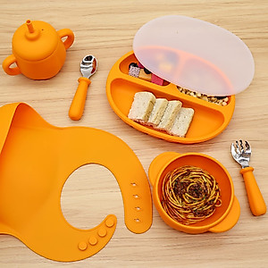 KCMI Silicone Baby Led Weaning 9 Piece Set in Pumpkin Style - Includes Non-BPA Suction Plate with Divider, Suction Bowl, Pocket Bib, Cup Lid, Straw, Spoon, Fork, Plate Lid & Sippy Cup - Orange