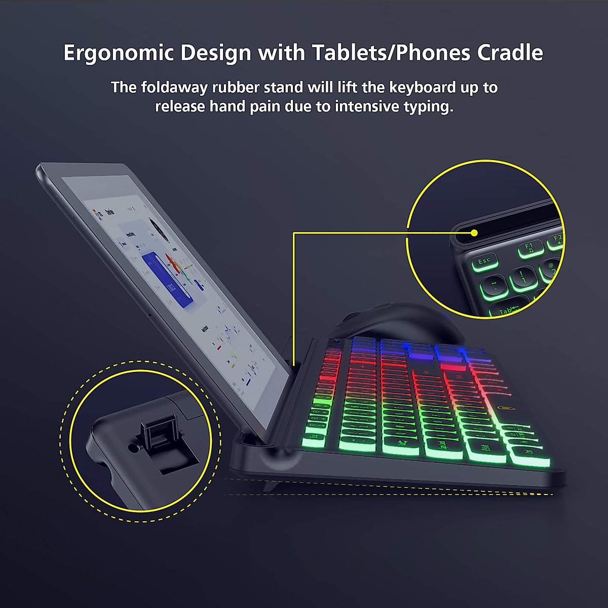 Backlit 2.4G Wireless Keyboard and Mouse Combo, Illuminated Full-Sized Rechargeable Keyboard & Silent Mouse Set with Rainbow Lighting & Integrated Cradle for Macbooks, PC Computer & Laptop