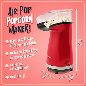 Nostalgia 16 Cup Hot Air Popcorn Maker | Makes Hot, Healthy Popcorn, No Oil Needed | Measuring Cap for Kernels Included | Stainless Steel | Red