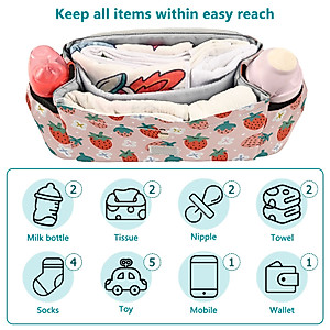 Pink Strawberries Flowers Stroller Organizer with Cup Holder Universal Stroller Organizer Bag Detachable Shoulder Strap Stroller Accessories for Diaper Snacks Toys Keys Fit All Baby Stroller