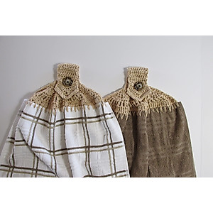 Set of 2 Tan Double Thickness Kitchen Towels - Hanging Towels - Light Brown & White Plaid Design with Cream Cotton Crochet Top - Moms Gift - Best Quality Towels