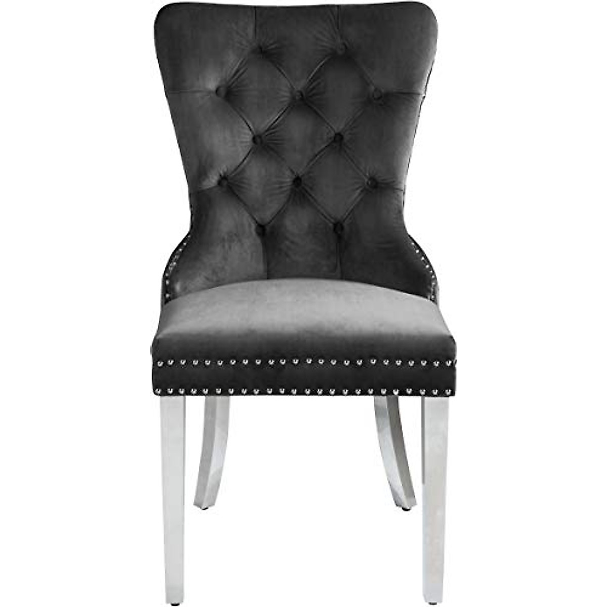 Meridian Furniture Carmen Collection Modern | Contemporary Velvet Upholstered Dining Chair with Button Tufting and Chrome Metal Legs, Set of 2, Grey, 21.5" W x 27" D x 39.5" H