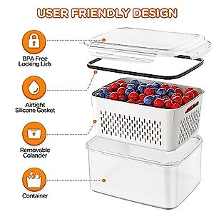 4-Pack Fruit Storage Containers for Fridge with Removable Colanders, 4 in 1 Produce Storage Containers for Refrigerator, Food Storage Container with Lid for Salad Berry Lettuce Vegetables Meat Keeper