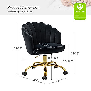 HULALA HOME Velvet Home Office Desk Chair, Modern Shell Back Makeup Vanity Chair with Wheels, Swivel Height Adjustable Cute Task Chair for Women Girls, Black