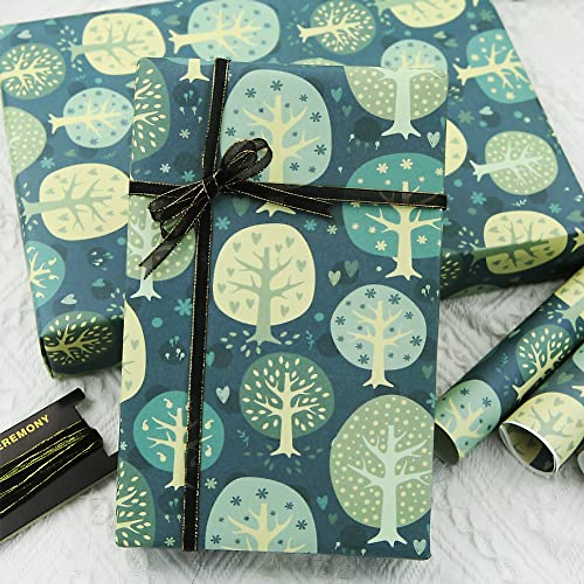Green Tree Wrapping Paper,White Kraft Gift Wrapping Paper for Boys,4 Folded Sheets Cartoon Wrapping Paper with String for Kids Birthday Baby Showers Christmas Father's Day Party Gift Wrap,28*20 Inch