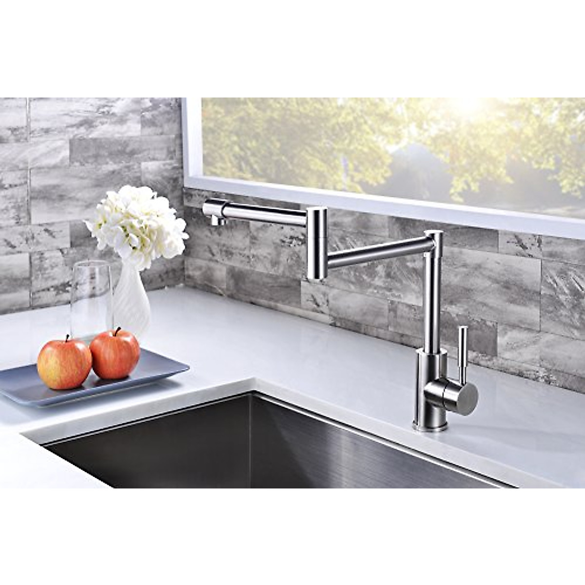 Heouty Modern Single Handle 2 Joints Free Rotating SUS304 Stainless Steel Pot Filler Faucet, Brushed Nickel Deck Mounted Kitchen Sink Faucet