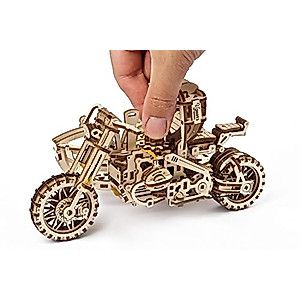 UGEARS Motorcycle with Sidecar 3D Puzzles - UGR-10 Motorcycle Scrambler Perfect Father's Day Gift Idea Wooden Model Kits for Adults to Build - Retro Design Sidecar Motorbike Model Kit with Rubber Band Motor