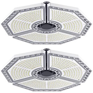 KERNOWO 2 Pack LED Garage Light, 140W 18500 Lumens Garage Lighting, 6000K Daylight with Deformable Three Panels Garage Ceiling Light Fixture E26/E27 Triple Glow LED Shop Light for Basement Workshop