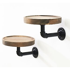 Round Circular Shelves Floating Acacia Wood (Set of 2) Diameter 7.1 inches. Wall Mounted Planter Shelves with Pipe Brackets. Chic Modern Rustic Industrial Pipe Décor for Display, Trophy, Ornaments