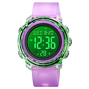 Gosasa Outdoor Sport Women Watches Fashion Ladies Casual Watch Calendar Week Display Alarm 5Bar Waterproof PU Strap LED Digital Watch (X-Purple)