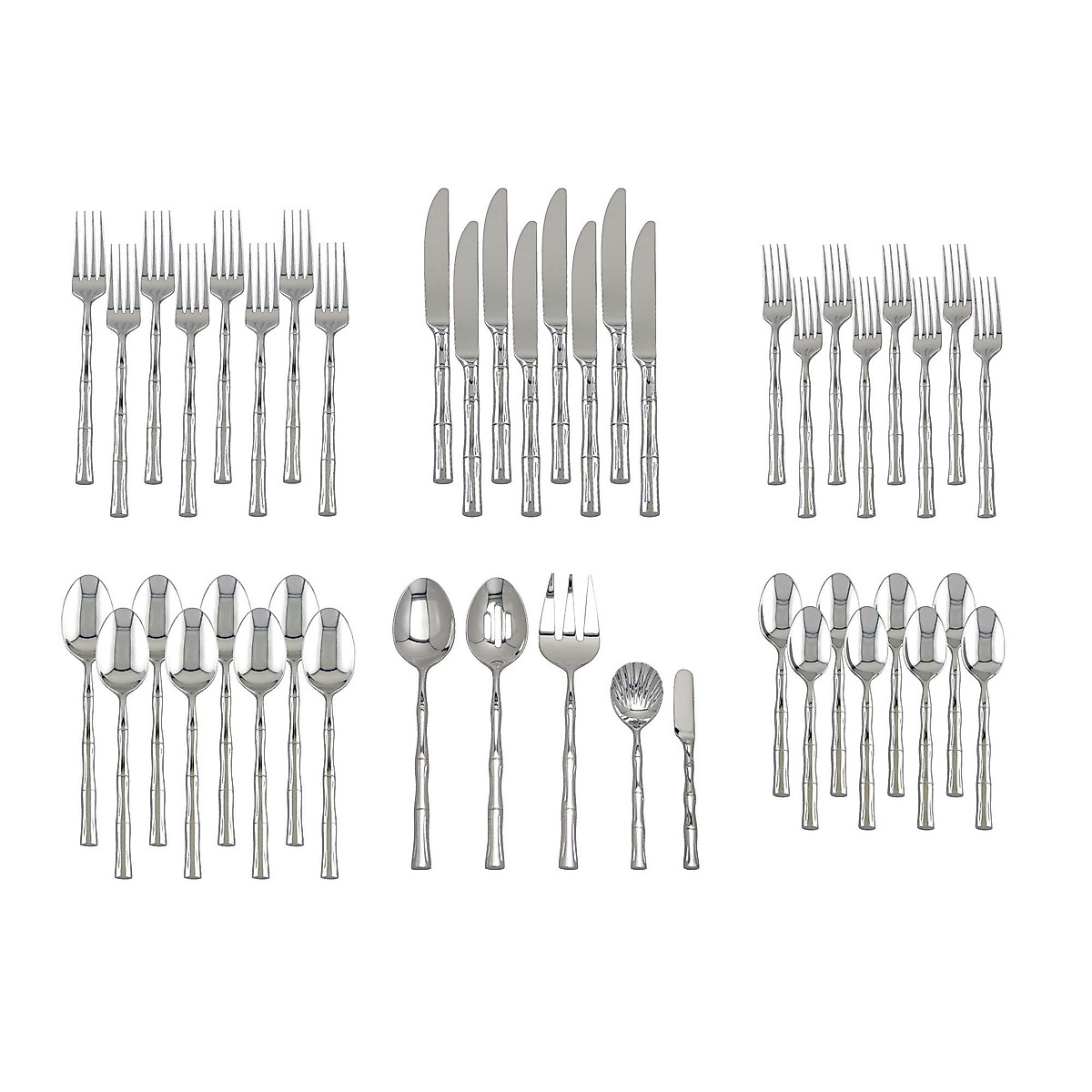 UPware 45-Piece Bamboo Shaped Flatware Set, 18/8 Stainless Steel Silverware Cutlery Set, Service for 8 with Serving Set, Mirror Polished, Dishwasher Safe (Bamboo)