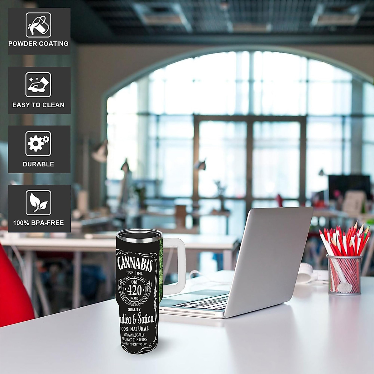 FOCIUZTA 40oz Tumbler with Lid, Insulated Cup, Travel Coffee Mug, Perfect Gift for Easter, Father's Day, Mother's Day, Birthday, Cannabis 420 Weed Design