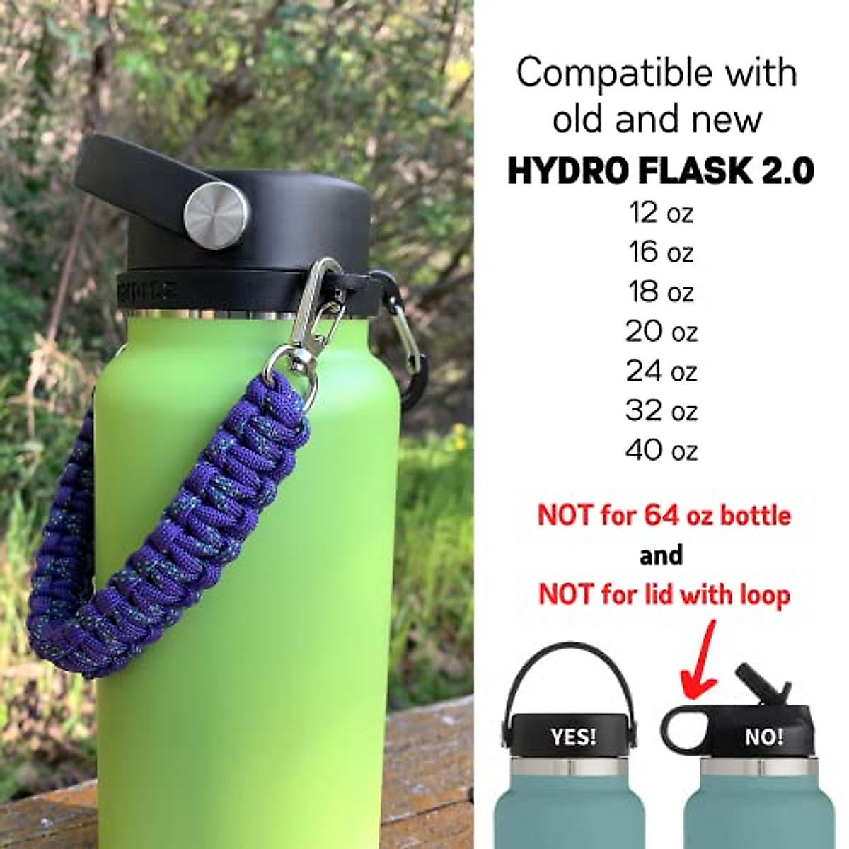 Gearproz Paracord Handle for Hydro Flask - Also Compatible with Iron Flask, Thermoflask, Takeya 12 to 40 oz Water Bottles - Accessories with Survival Cord Handle (Black)
