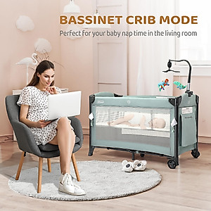 JOYMOR 3 in 1 Baby Bedside Bassinet, Bedside Sleeper with Mattress and Sheet, Convert to Bassinet, Playpen, Foldable Travel Bassinet Bed, with Toy, Wheels, Brake, Carry Bag
