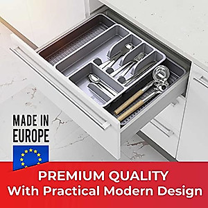 Mueller Large Flatware Kitchen Drawer Organizer, Expandable 19.7" x 15" Silverware Organizer, 6 Compartments, Heavy-Duty, Cutlery Tray for Utensils or Stuff, Dining Room, Living Room, Grey