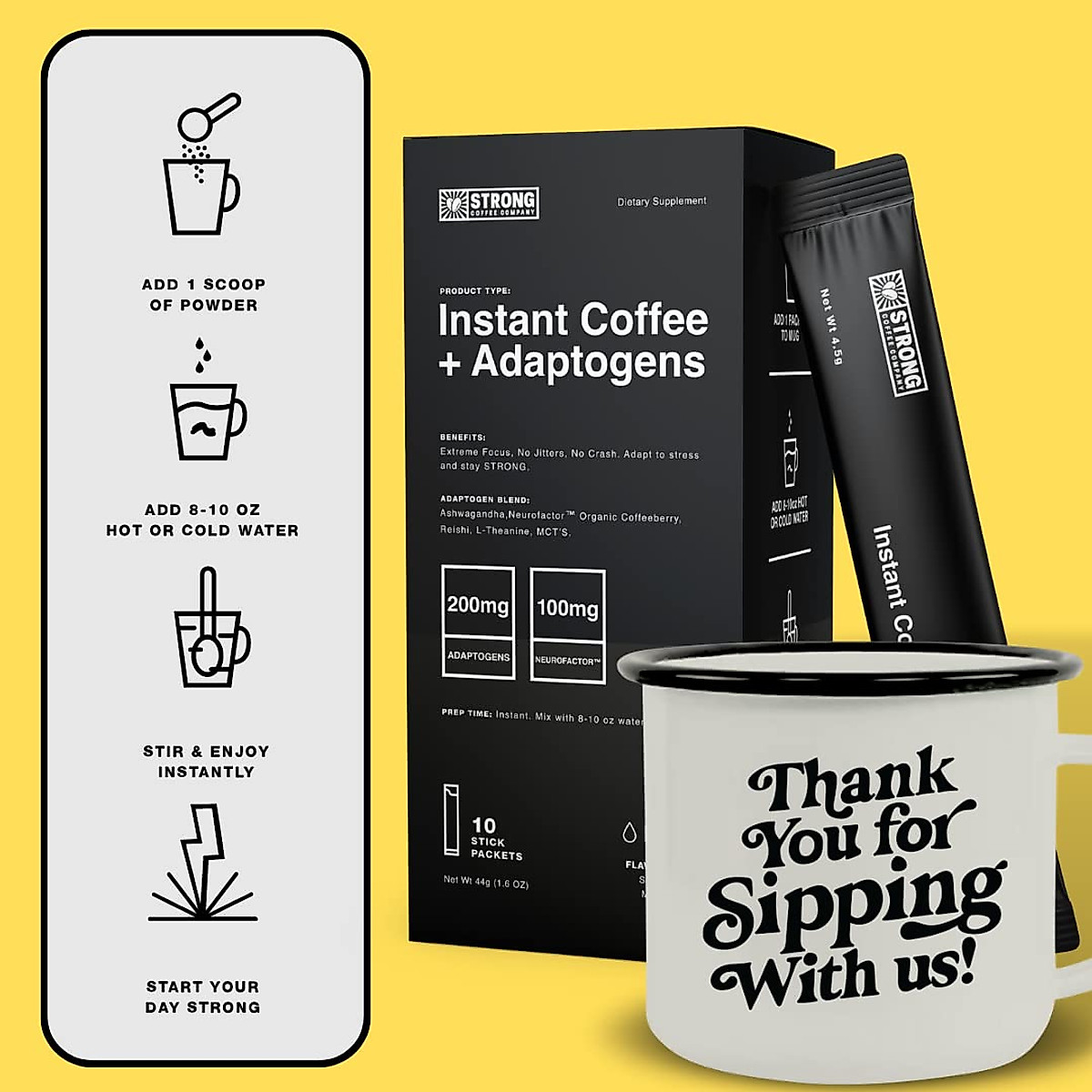 STRONG COFFEE COMPANY | BLACK | PREMIUM ORGANIC INSTANT BLACK COFFEE | 10 SINGLE SERVINGS PER PACK - Smooth Taste, Dairy Free, Keto Friendly, Gluten Free, Enjoy Hot or Cold, Just Add Water