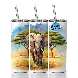 Elephant African Plain Watercolor Design Skinny Tumbler 20oz with Straw Insulated Water Bottle Gift