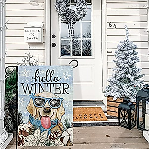 CROWNED BEAUTY Hello Winter Dog Golden Retriever Garden Flag 12x18 Inch Small Double Sided Yard Decorative Holiday Seasonal Outside Welcome Burlap Farmhouse Decoration