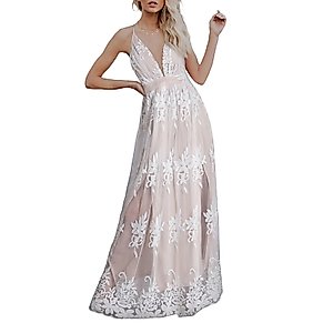 Dokotoo Womens Sexy Formal Dresses V-Neck Spaghetti Straps Elegant Embroidered Mesh High Slit Backless Evening Party Prom Dress Bridesmaid Wedding Guest Dresses White XL