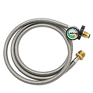 MENSI Update New Braided Propane Hose with Temperature Pressure Gauge Convert 1lb Portable Appliances to 5-40lb Tank Cylinder (POL CGA Type for 50-100lbs Cylinder)