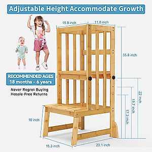 DORPU Toddler Tower, Adjustable Height Toddler Step Stool with CPC Certification, Safety Rail & Anti-tip Feet & Non-Slip Tapes Vertical Guardrail Toddler Stool for Kitchen, Natural Bamboo