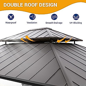 VONZOY 12' x 14' Hardtop Gazebo, Heavy Duty Double Roof Galvanized Steel Outdoor Metal Gazebo with Nettings & Curtains, Aluminum Gazebo with Vertical Stripes Roof for Patio, Backyard, Lawns [Grey]