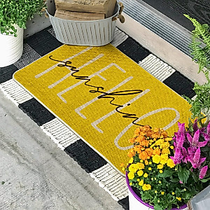 Artoid Mode Yellow Hello Sunshine Summer Decorative Doormat, Seasonal Spring Holiday Low-Profile Floor Mat Switch Mat for Indoor Outdoor 17 x 29 Inch