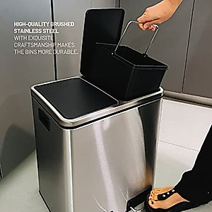 AWENN - Dual Kitchen Garbage Trash Can with Lid and Pedal - Touchless Round Shape Waste Bin - Stainless Steel Dustbin for Kitchen, Bathroom, Office and Outdoors – Black (7.9 Gallon – 30 Liters)