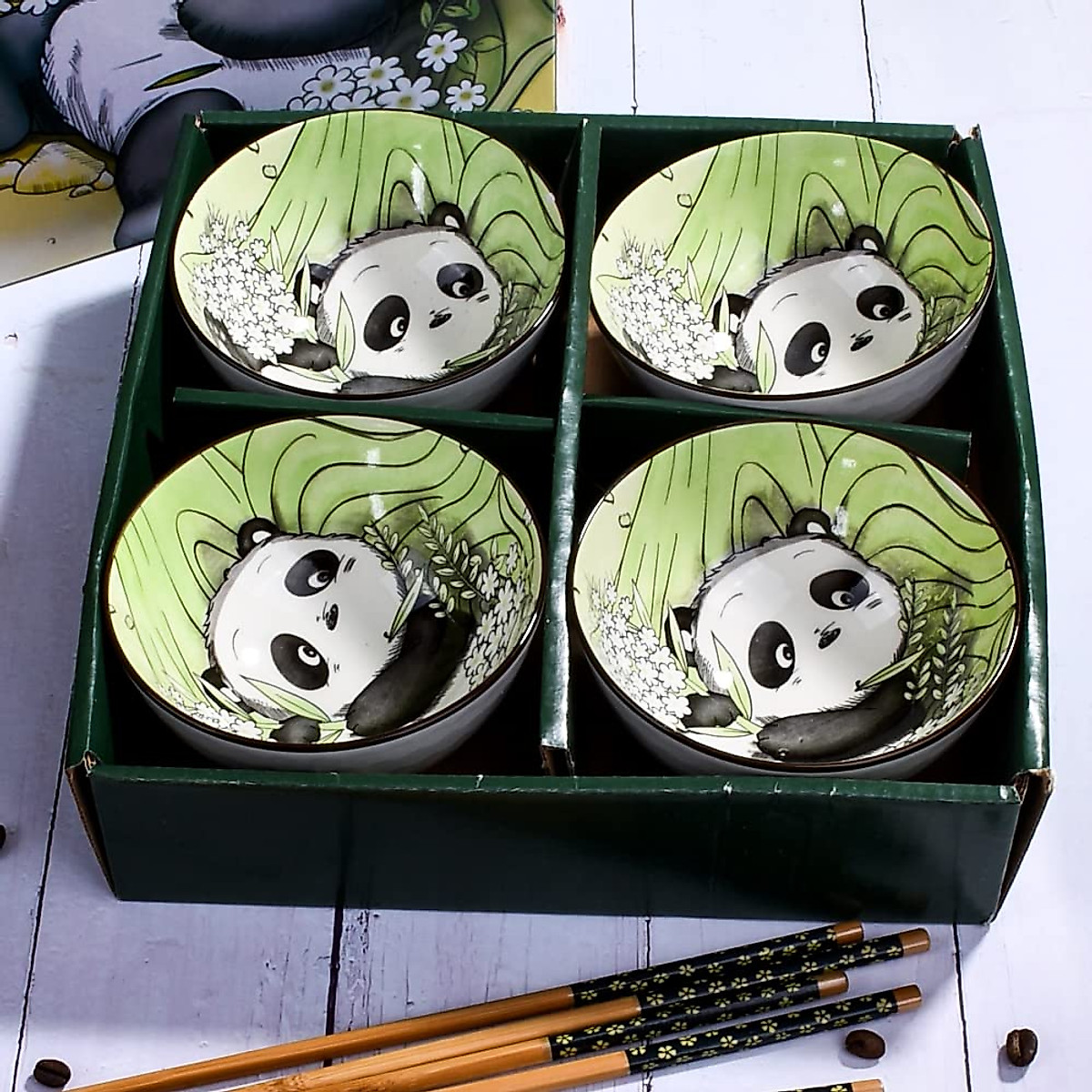 BOSILI Cute Panda Rice Bowls and Chopsticks set, Ceramic Rice Bowls for Dessert Soup Rice As A Good Gift (4 pieces)