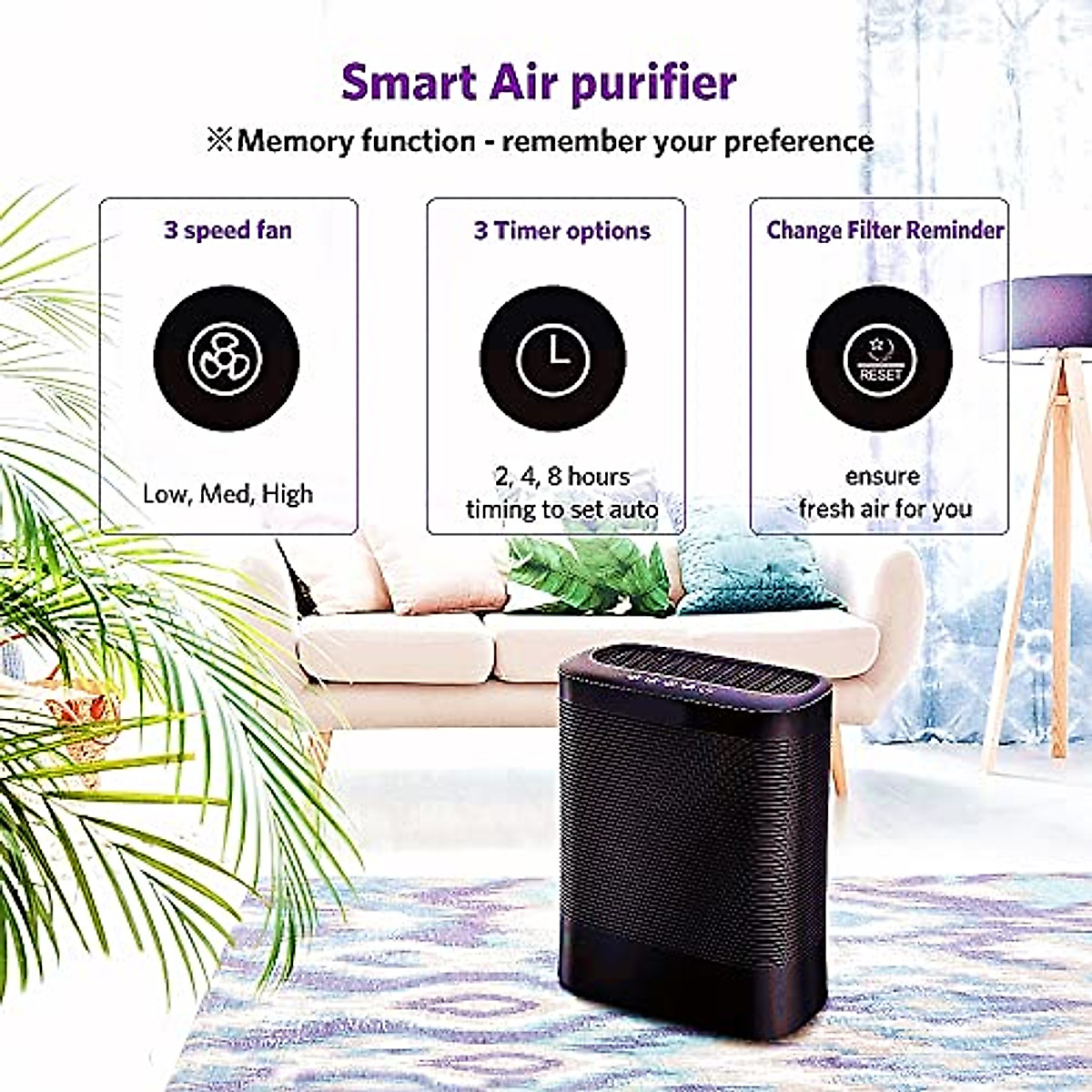 Air Purifier, True Hepa 13 for Large Room, CADR 450 m³/h, Air Cleaner with UV-C Light, 3 Speeds, 3 Timers, Change Filter Reminder, Remove off 99.97% Dust, Allergens, Pollen, Pets, Hair, Smoke (black)
