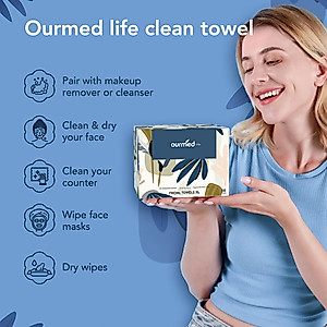 ourmed life Disposable Face Towel | Lint-Free Biodegradable Towels | Face Clean Dry Makeup Remover Wipes | Super Soft & Thick for Sensitive Skin | 10-Inch X 12-Inch Extra Large | 50 Count