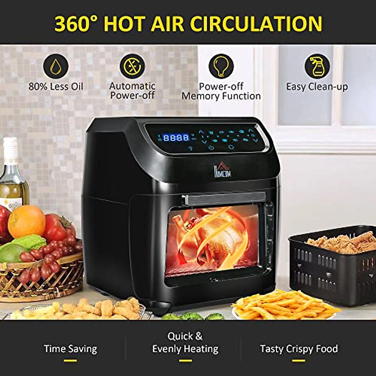 HOMCOM 12 QT Air Fry Oven, 8 In 1 Countertop Oven Combo with Air Fry, Roast, Broil, Bake and Dehydrate, 1700W with Accessories and LED Display, Black