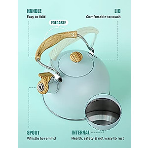 Tea Kettle, BELANKO 85 OZ / 2.5 Liter Whistling Tea Kettle, Tea Pots for Stove Top Food Grade Stainless Steel with Wood Pattern Folding Handle, Loud Whistle Kettle for Tea, Coffee, Milk - Turquoise
