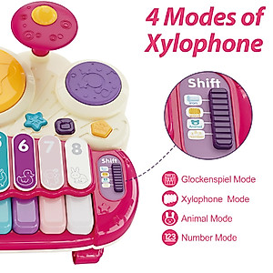 Popsunny Baby Musical Toys, 5 in 1 Toddler Drum Set Electronic Piano Keyboard Xylophone with Lights, Music Instruments Learning Toys Gifts for Boys Girls 1 2 3 Years Old
