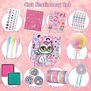 YOYTOO Cat Diary for Girls with Lock, Cat Stationery Set with Secret Diary, Stamps, Pens, Journal Notebook Birthday Gifts for Little Girls Age 5 6 7 8 9 10