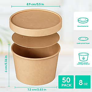 50pack 8oz Paper Soup Containers with Lids, Disposable Kraft Paper Food Cups, Ice Cream Cups, Paper food Storage with Lids, Microwavable and Freezer Safe, Suitable for Christmas Thanksgiving (Brown)