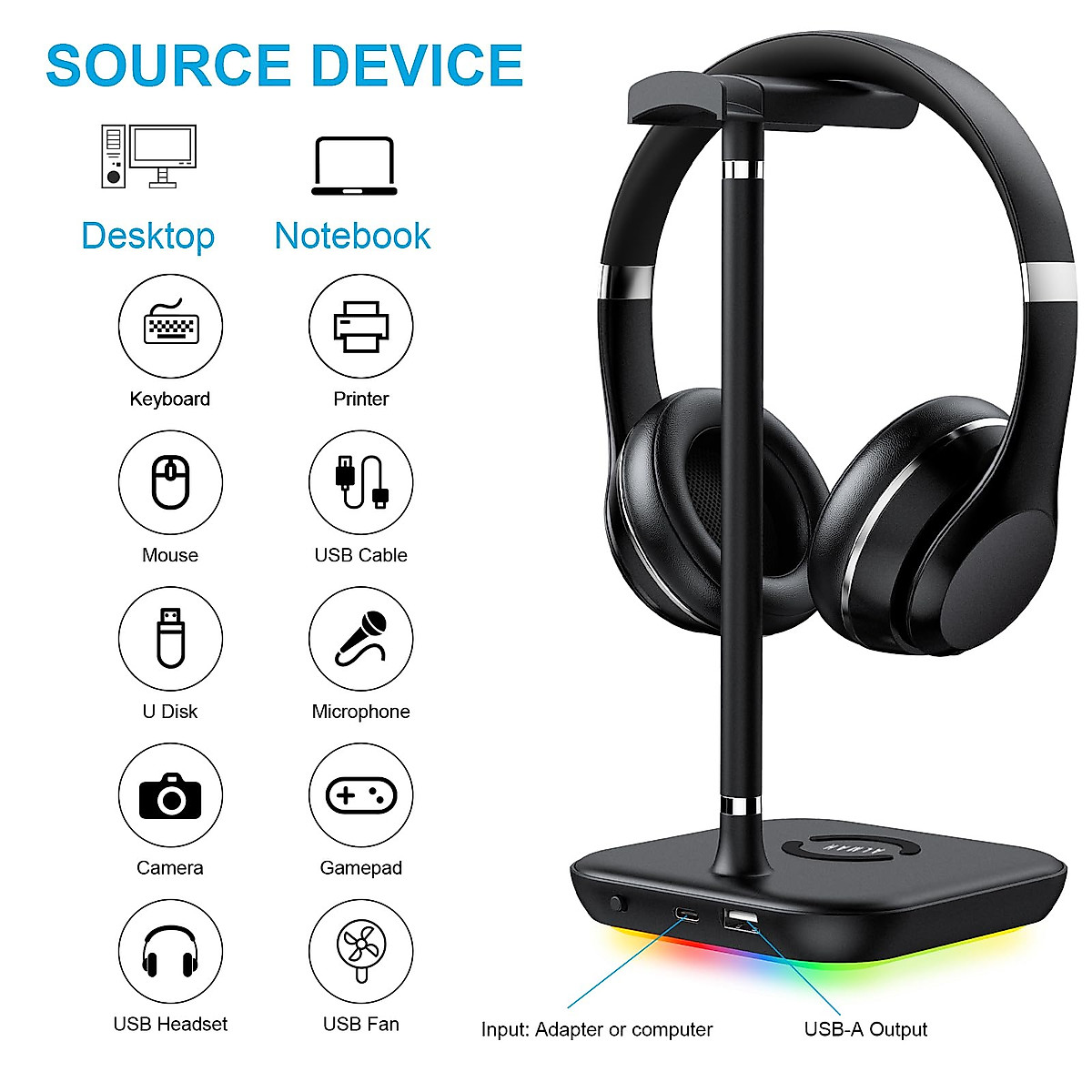 ALMAH RGB Gaming Headphone Headset Stand for Desk, PC Gaming Accessories, Headphone Headset Holder with 1 USB Charging Port, Suitable for All Earphone Accessories as Boyfriend, Son, Husband Gifts
