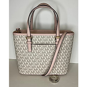 Michael Kors Jet Set Travel XS Carryall Convertible Top Zip Tote bundled with SM TZ Coinpouch and Purse Hook (Signature MK Vanilla/Pink)