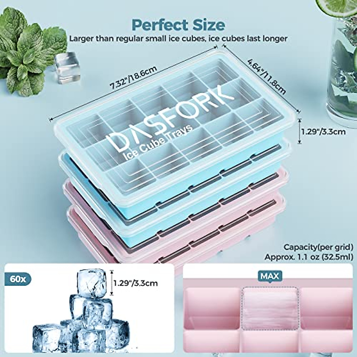 dasfork Ice Cube Trays 4 Pack, Food-grade Silicone Ice Cube Molds with Lid, Flexible Easy Release Silicone Trays for Freezer and Oven, BPA Free