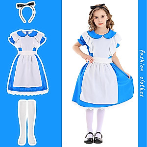 KFVZIU Girls Princess Costume Kids Halloween Costume Peter Pan Collar Blue Dress Princess Cosplay with White Apron Socks Hairband KF004XS