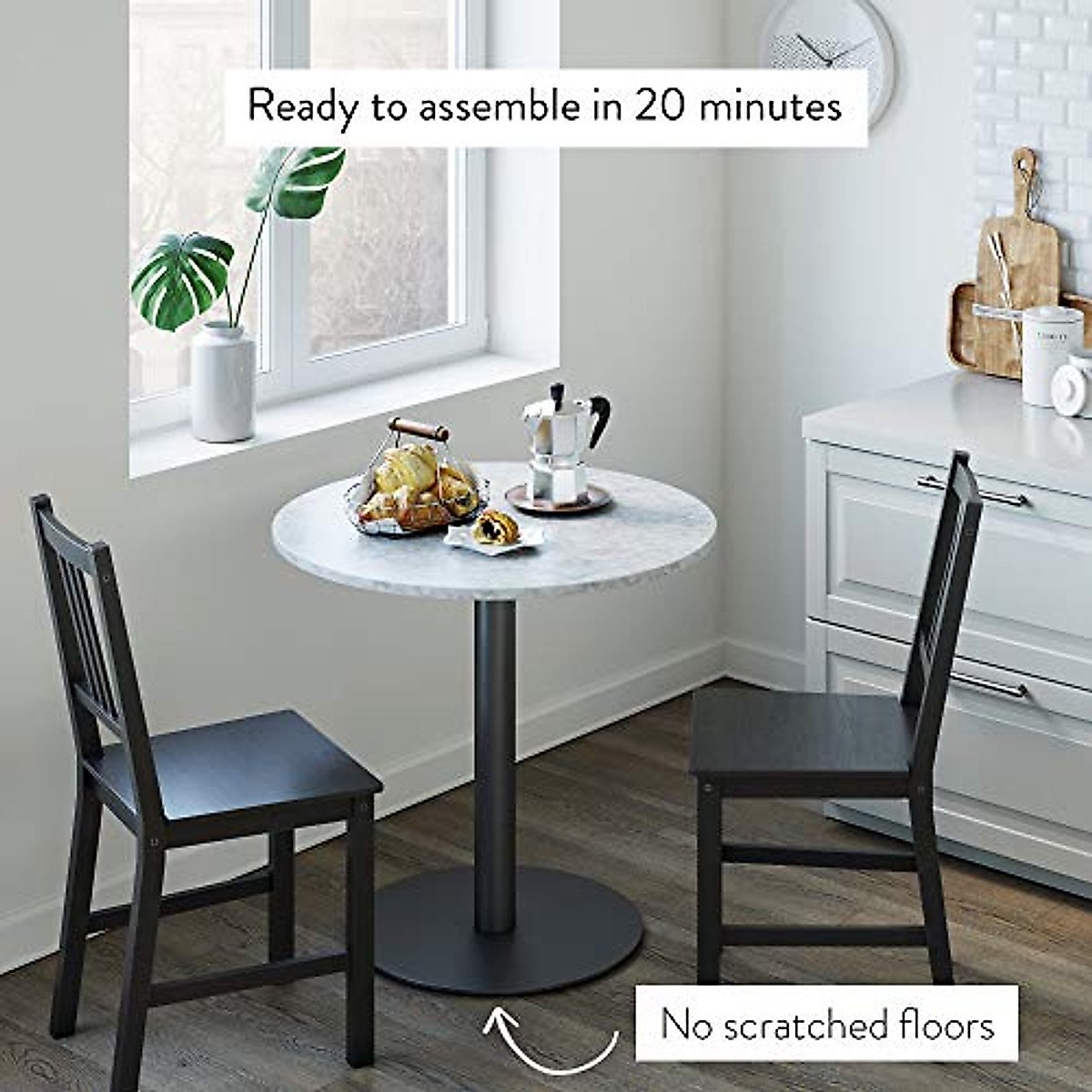 Nathan James Bistro Lucy Small Mid-Century Modern Kitchen or Dining Table with Faux Carrara Marble Top and Brushed Metal Pedestal Base, Black, 31.5D x 31.5W x 29H in